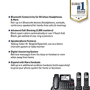 Panasonic Expandable Corded Phone System, Bluetooth Pairing for Wireless Headphones and Hearing Aids, Smart Call Block, Bilingual Talking Caller ID, 2 Handsets - KX-TGF892B (Black)