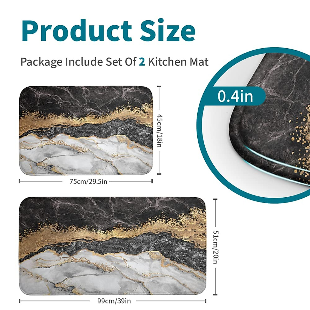 Harooni Marble Kitchen Mat 2 Pcs Anti Fatigue Black Gold Marble Kitchen Floor Mat Washable Water Absorbent Marble Look Kitchen Rugs for Bathroom Laundry Sink Kitchen Standing Mat