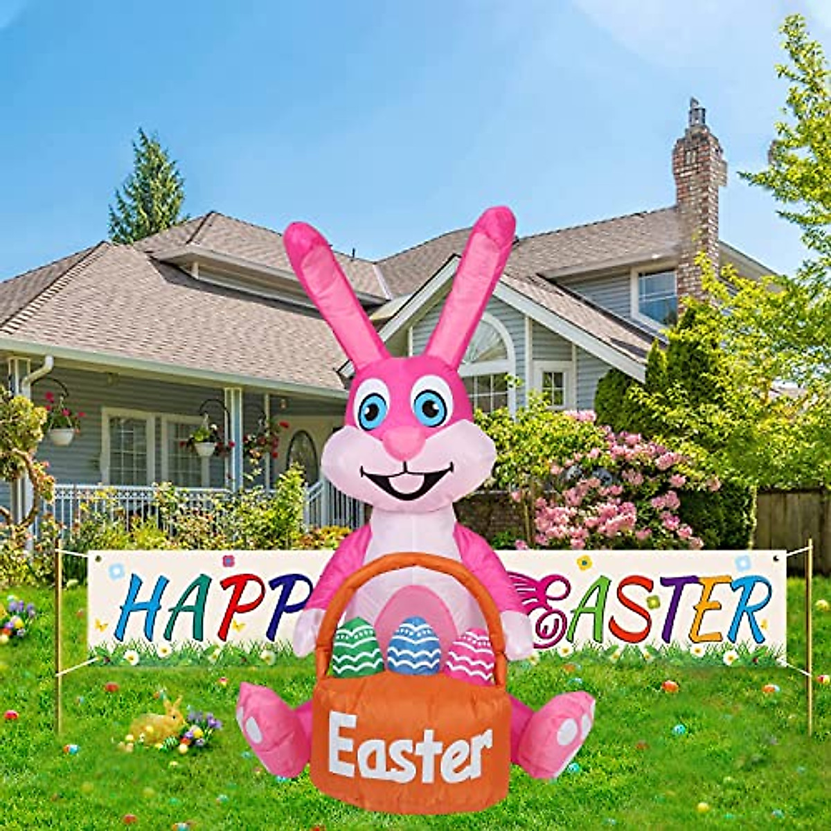 Toodour 4FT Easter Inflatable Bunny Decorations - Inflatable Easter Bunny with Egg, Easter Blow up Outdoor Yard Decoration Built-in LED Lights for Easter, Holiday, Party, Yard, Garden, Lawn,