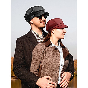 Funtery 3 Pcs Women Newsboy Hats PU Leather Visor Beret Cabbie Hat 8 Panel Vintage Women Fiddler Cap Faux Leather Baker Hat(Khaki, Red, Black)