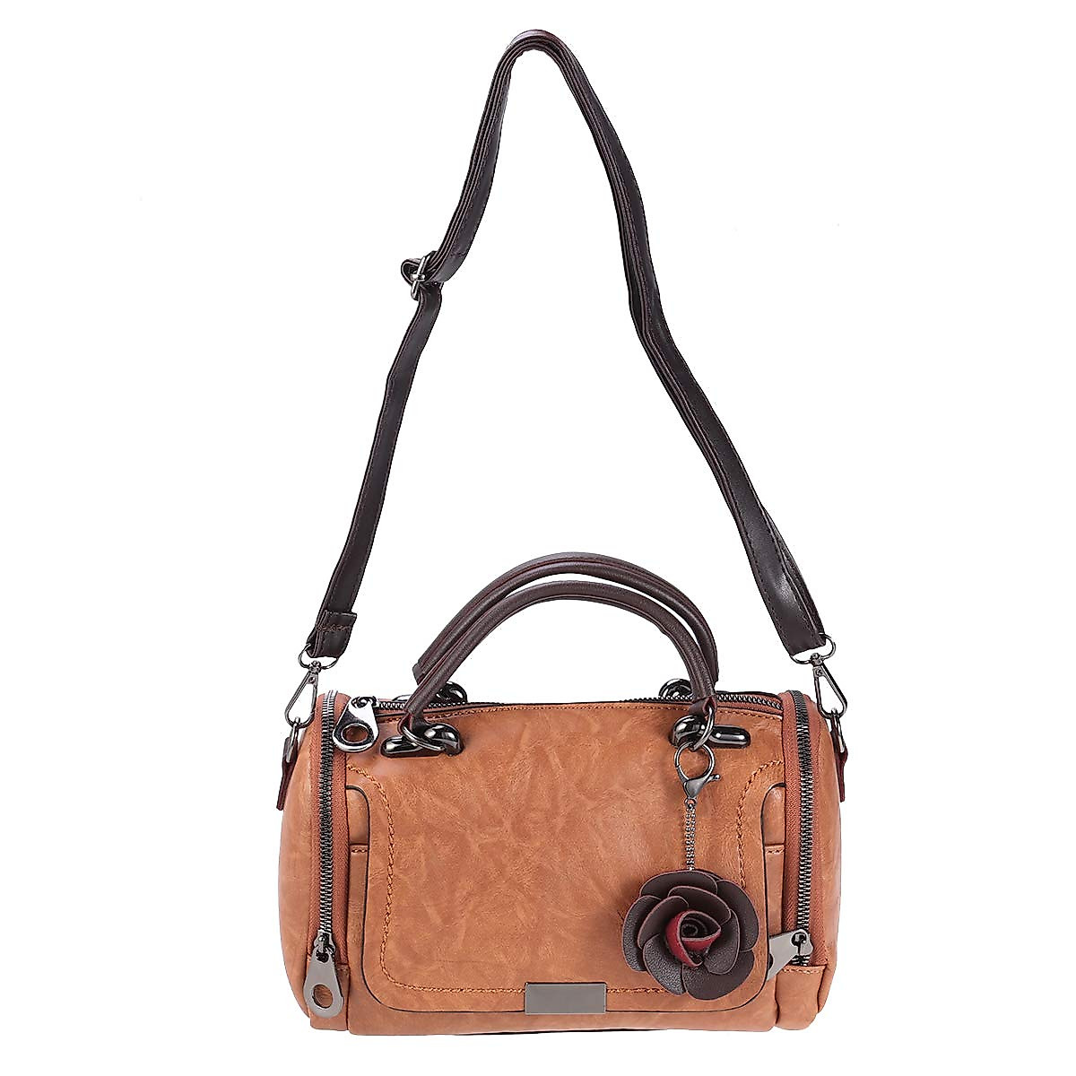 TENDYCOCO Crossbody Bag Barrel Handbag with Flower Pendant for Women (Brown)
