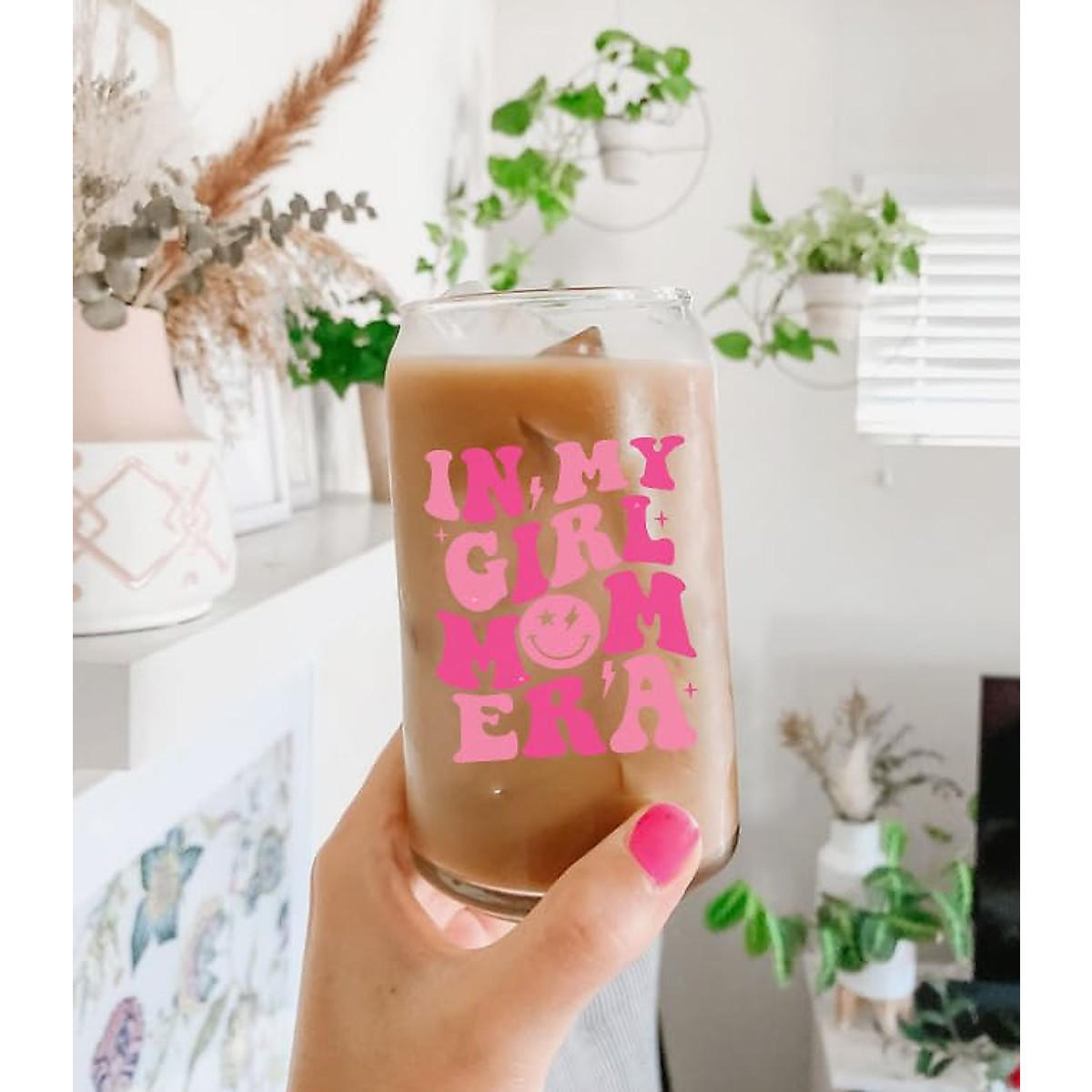 OWSUMER Girl Mom Gifts,New Mom Gifts,Gifts for New Mom,In My Girl Mom Era Glass Cup,Baby Shower Gifts for Mom,New Mom Gifts After Birth,Cool gifts for New Moms-16oz Coffee Glass Cups with Lids Straws