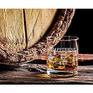Happiness Is Key | 11 Ounce Rocks Glass | Old Fashioned | Highball Glass for Men Women Dad Father's Day