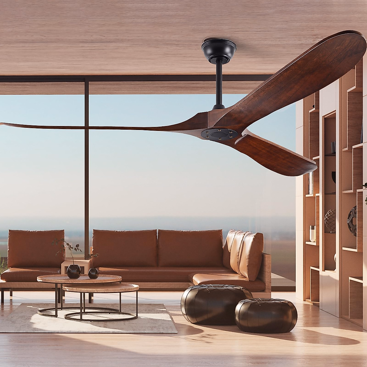 FISHMIX Large 72" Ceiling Fans without Lights, Solid Wood Ceiling Fan No Light with Remote Control Smart Indoor Outdoor Ceiling Fans for Patios, Living Room, Bedroom, Farmhouse Deep Walnut