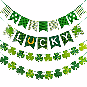 Whaline 4pcs St. Patrick's Day Banner Decoration Pre-Assembled Cartoon Holiday Flag Garland Double-Sided Green Lucky Shamrock Clover Banner Spring Irish Home Party Supplies