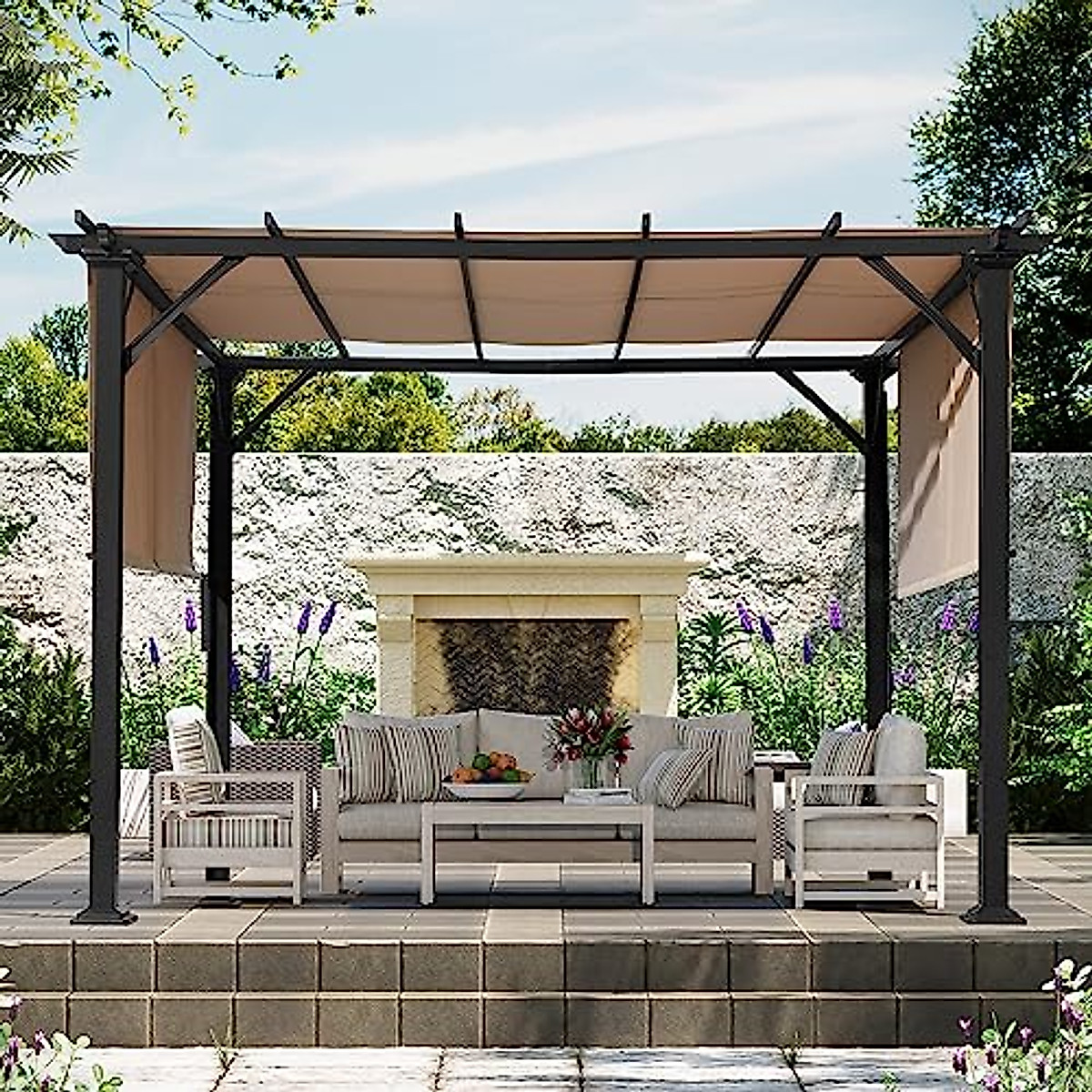 LATTOY 10x10FT Outdoor Pergola with Sun Shade Canopy on Top and Sides, Aluminum Frame, Modern Patio Pavilion Grill Gazebo with Weather-Resistant Fabric for Patio, Garden Deck Lawn, Beige