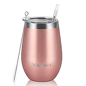 Waipfaru Wine Tumbler, 14 Oz Insulated Wine Tumbler With Lid and Straw, Stainless Steel Stemless Cup, Double Wall Vacuum Wine Tumbler for Wine Coffee Cocktails Champagne (Rose Gold)