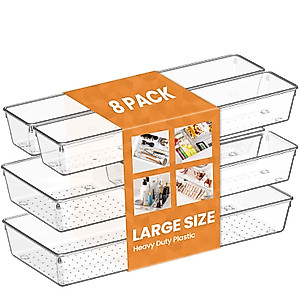 Criusia LARGE Drawer Organizer, 8 Pack Clear Plastic Kitchen Drawer Organizer Dividers, Perfect 4 Sizes Organization and Storage Bins for Organizing Bathroom, Makeup Vanity, Kitchen, Office