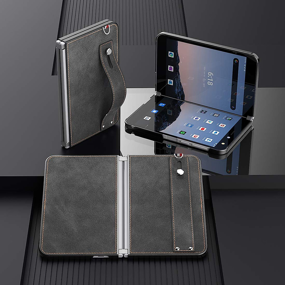 Foluu for Microsoft Surface Duo Case, Surface Duo Leather Case 2020, [Slim & Lightweight] PU Leather Back Cover Hard PC Holder with Hand Strap Protective Phone Case for Microsoft Surface Duo (Black)