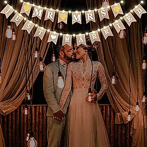 Mr and Mrs Just Married Burlap Banner, Wedding Bunting Banner with LED Fairy String Light 8 Flicker Mode, Hanging Sign Garland Pennant Photo Booth Props for Bridal Shower Wedding Engagement Party