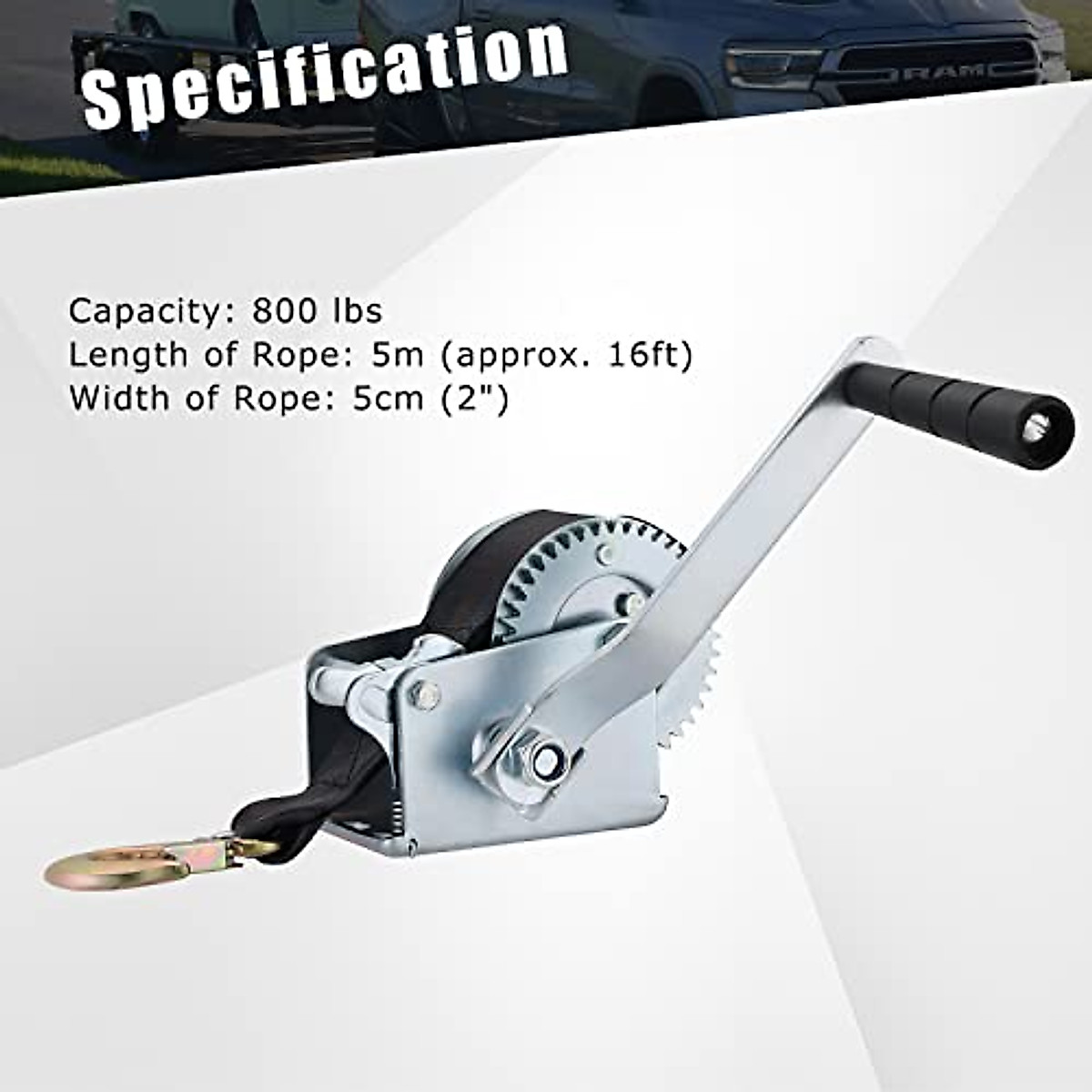 ATPEAM Boat Trailer Winch, Heavy Duty Hand Winch with 5m Black Strap Gear Hand Winch with Crank Handle, Manual Winch for Towing (800LBS)