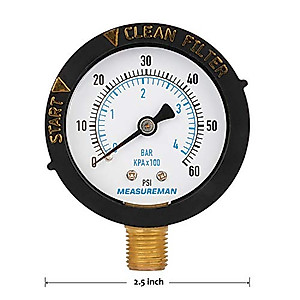 MEASUREMAN 2" Start and Clean Filter Pressure Gauge, Swimming Pool Filter Pressure Gauge, Spa, Aquarium, Water Pressure Gauge, 1/4" NPT Lower Mount 0-60Psi/bar