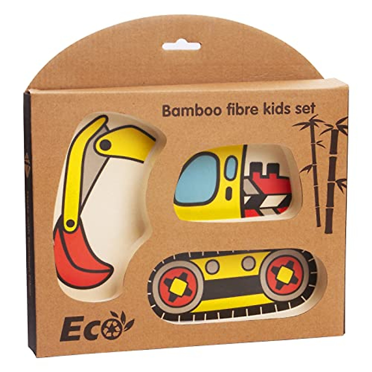 Kids Plate Set, Included Plate Fork and Spoon 3-Piece Set - Toddler Plates Dinnerware Dinner Dish Set Baby Feeding Divided Plate - Child Portion Control Bamboo Eco-Friendly (Excavators)