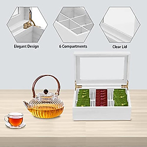 Wooden Tea Box Organizer, Mordern White Tea Organizer with Clear Lid, Tea Bag Holder for Cabinet, Tea Caddy Chest Large Capacity Tea Storage Containers Suitable for Tea, Coffee and Sugar Bags