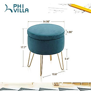 PHI VILLA Storage Ottoman,Blue Round Ottoman with Storage Box and Removable Lid, Upholstered Decorative Metal Legs Ottoman Footrest/Footstool for Living Room,Bedroom and Kids Room,Velvet,Blue