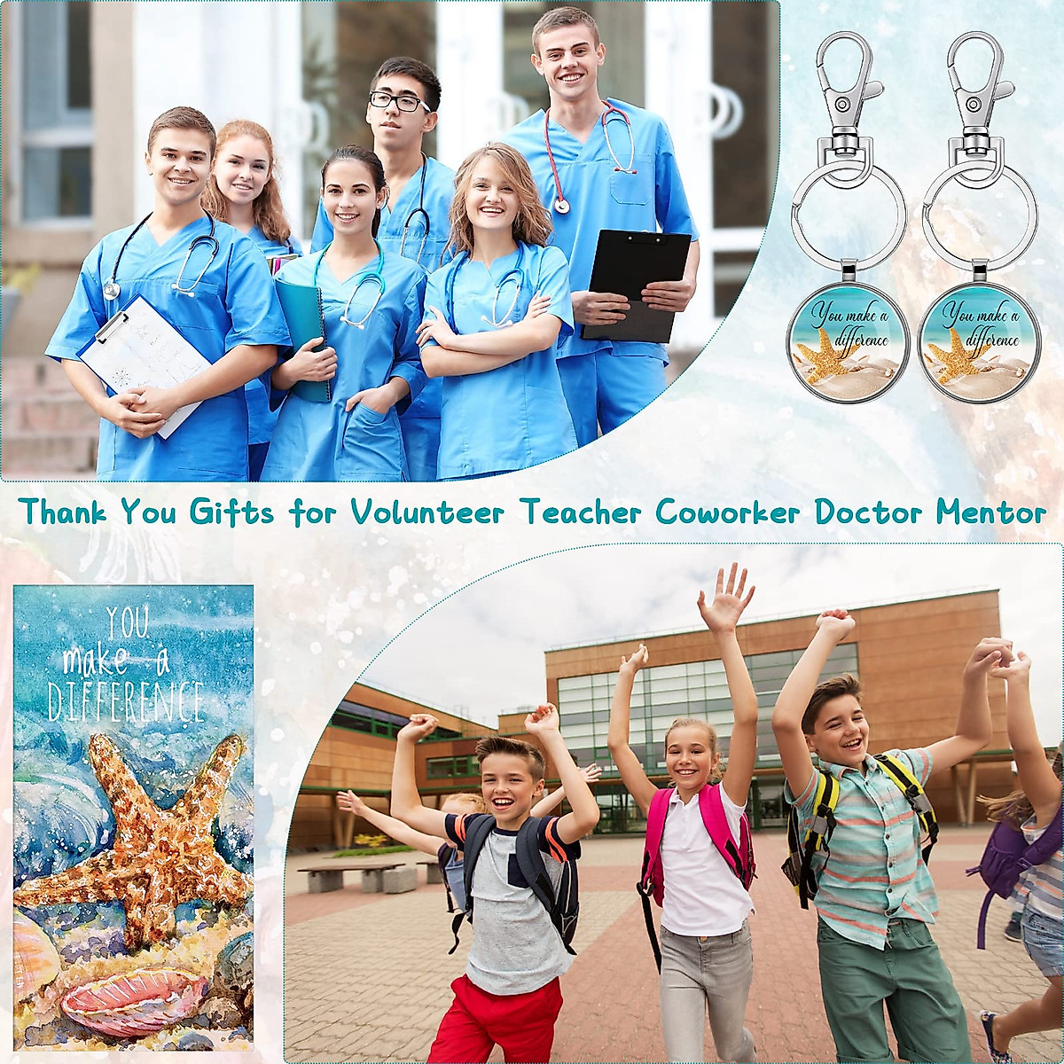 Bucherry 30 Sets Starfish Story Gifts Appreciation Keychains You Make a Difference Cards with Organza Bags for Employee Tech Week Thank You Gifts Coworkers Christmas Party Favors