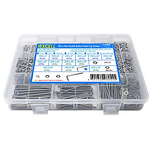 iexcell 1500 Pcs M3 x 4/6/8/10/12/16/20/25/30/35/40/45/50 Stainless Steel 304 Hex Socket Button Head Cap Screws Bolts Nuts Washers Assortment Kit