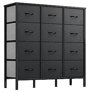 YITAHOME Tall Dresser with 12 Drawers - Fabric Storage Tower, Organizer Unit for Bedroom, Living Room, Hallway, Closets & Nursery - Sturdy Steel Frame, Wooden Top & Easy Pull Fabric Bins (Black Gray)