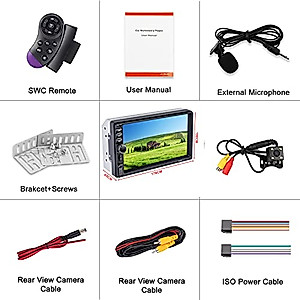 Double Din Car Stereo with Backup Camera, 7 Inch Touchscreen Car Radio Bluetooth Support Mirror Link, Hands Free Call/FM/TF/USB/EQ/Aux, Multimedia Car Audio with Steering Wheel Remote/Fast Charging