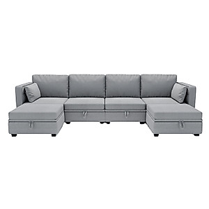 WILLIAMSPACE 110" Sectional Sofa Couch for Living Room, Modern Modular U-Shape Sofa with Storage Seats & Reversible Chaise & Adjustable Armrest, 6 Seat Convertible Sofa for Home Office (Grey)
