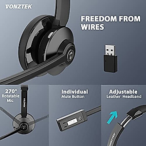 Vonztek Bluetooth Headset, Wireless Headset with Microphone Noise Canceling, On-Ear Headphones with Charging Base & USB Dongle, V5.0 Dual Connect Handsfree for Work/Call Center/Teams/PC/Laptop