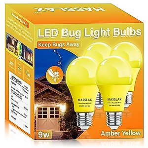MASSLAX 4 Pack Amber Yellow LED Bug Light Bulbs Outdoor,Dimmable 9W Replace to 100W Bug Lights, E26 Base LED Bug Lights for Outside Porch Light, Decorative Lighting Bulbs, Bedroom Night Light Bulb