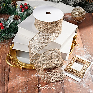 MAYREEL 2.5 Inch Champagne Wired Ribbon Glitter Pale Gold for Christmas Decorations Gift Wrapping Wreath Supplies Tree Toppers 10 Yards