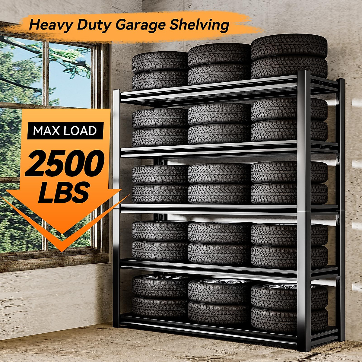 5 Tier Garage Shelving Units 72" H Storage Adjustable Shelves 2500LBS Heavy Duty Metal Shelves Utility Industrial Shelving Rack for Garage Warehouse Pantry Basement,Black (15.7" D×35.4" W×72" H)