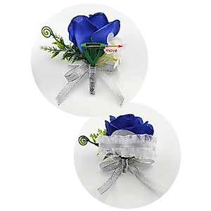 Ciandid Royal Blue Rose Wrist Corsage and Boutonniere set for Wedding, 3PCS Groom Groomsman Boutonnieres & 3PCS Bride Bridesmaid Wrist Corsages Wristlet Bracelet Flower for Wedding Ceremony Prom Party