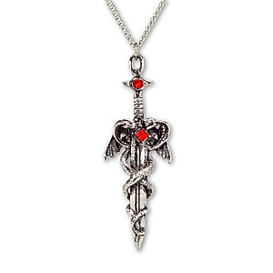 Dragons Wrapped Around Sword Medieval Renaissance Silver Finish Pendant Necklace