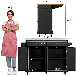 Rolling Kitchen Island with Drop Leaf – Movable Kitchen Carts on Wheels Island with Storage Cabinet, Island Table for Kitchen with Rubber Wood Top and Rack and Drawer, Matte, Black
