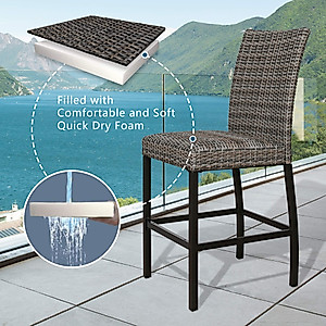 Iwicker Patio PE Wicker Height Bar Chairs, Outdoor Heavy-Duty Steel Frame Rattan Bar Stools with Padded Quick Dry Foam and Curved Backrest, Set of 4