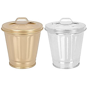 TOPBATHY 2 Pcs Mini Trash Can Metal Garbage Can with Lid Pencil Cup Holder Desktop Wastebasket Galvanized Garbage Holder Flower Buckets for Home Kitchen Office Decor