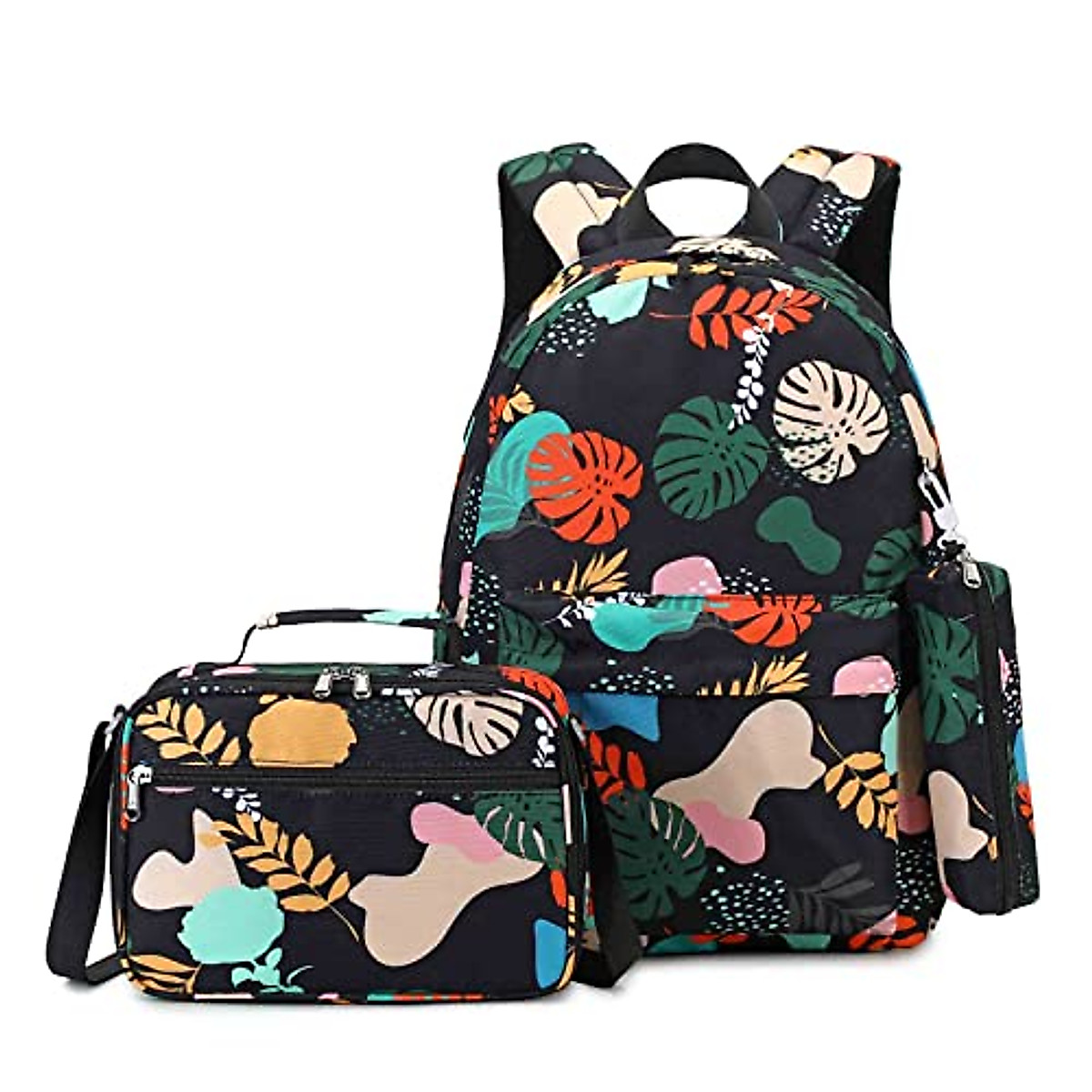 Baolab Girls Teen School Backpack with Lunch Bag Pencil Case Bookbag Set Water Resistant Daypacks Lightweight (Black)