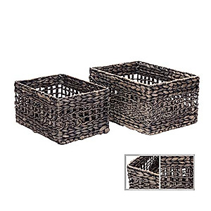 Villacera Rectangle Hand Weaved Wicker Baskets made of Water Hyacinth | Nesting Black Seagrass Bins | Set of 2