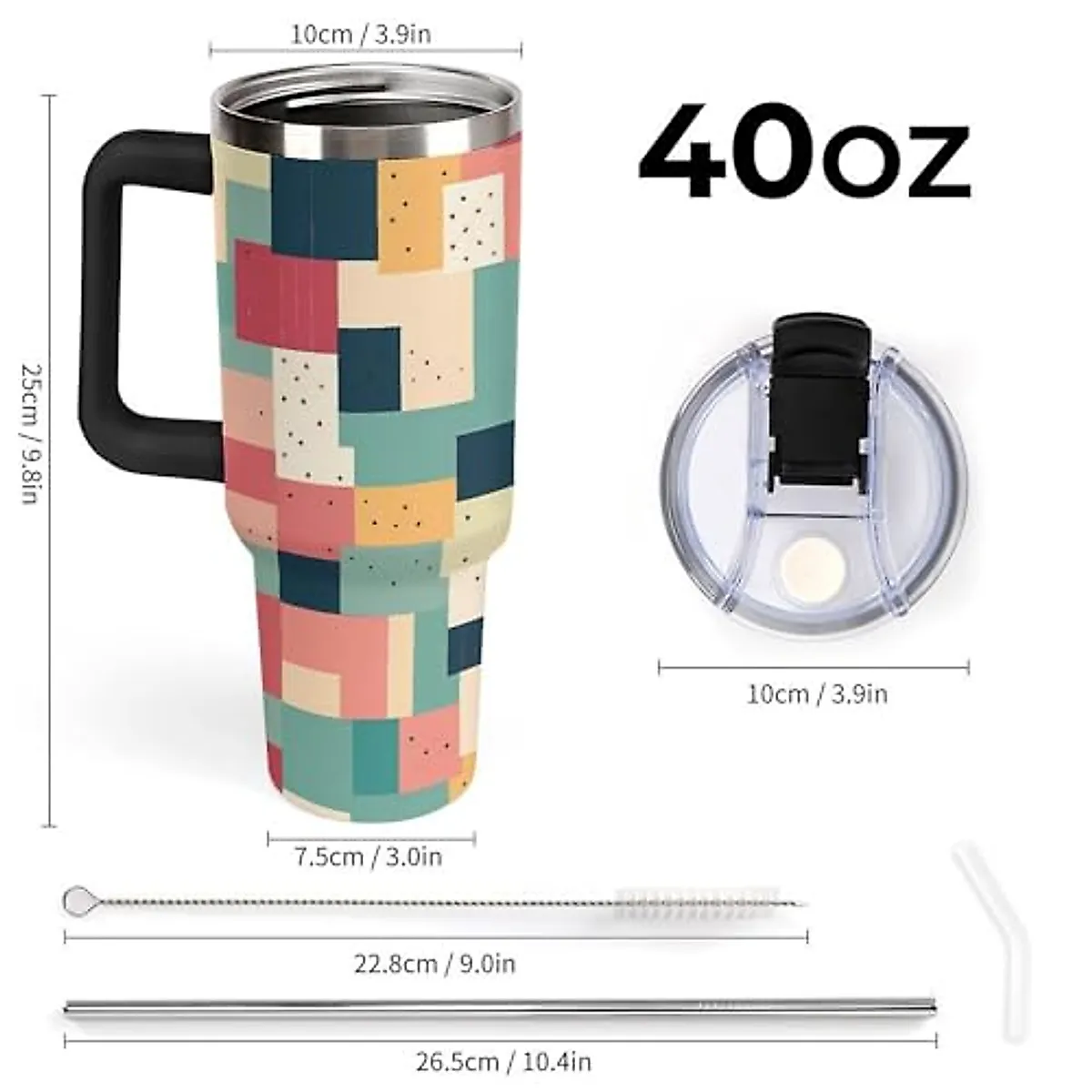 Colorful Blocks 40 Oz Stainless Steel Cup Travel Tumbler with Handle and Straw Lightweight Coffee Mug for Home Office