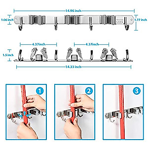 Yanvsvda Mop and Broom Holder Wall Mount Heavy Duty Stainless Steel Tool Organizer with 3Rocks and 4Hooks for Home,Kitchen,Bathroom,Garage,Garden,Laundry Room (1 Pack)