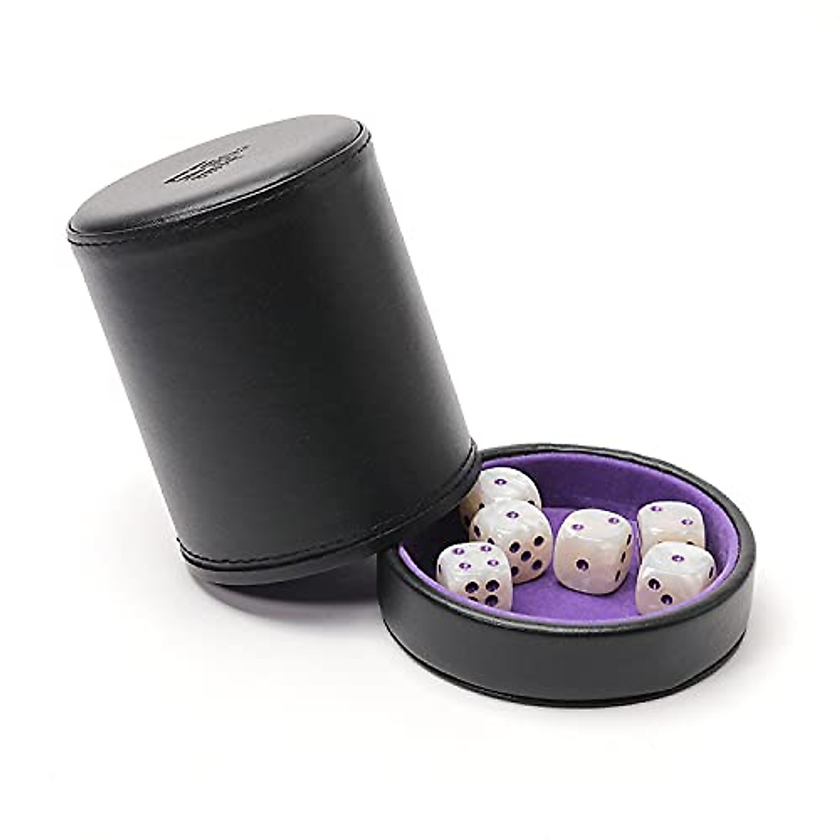 Luck Lab Leather Dice Cup with Lid Including 6 Matching White Pearl and Purple Dice - Purple Velvet Interior for Quiet Shaking - Use for Liars Dice Farkle Yahtzee Board Games, Black