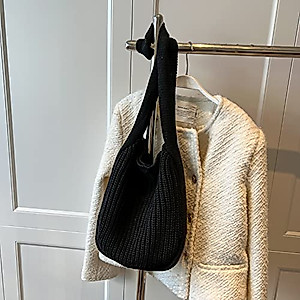 Women's Crocheted Crossbody Tote Hobo Bag, Knitted Shoulder Handbag, Aesthetic Handmade Cute Purse, Knit Crochet Bag(#1320Black)