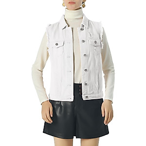 ebossy Women's Candy Color Slim Fit Sleeveless Distressed Denim Jean Vest Jacket (Large, White)