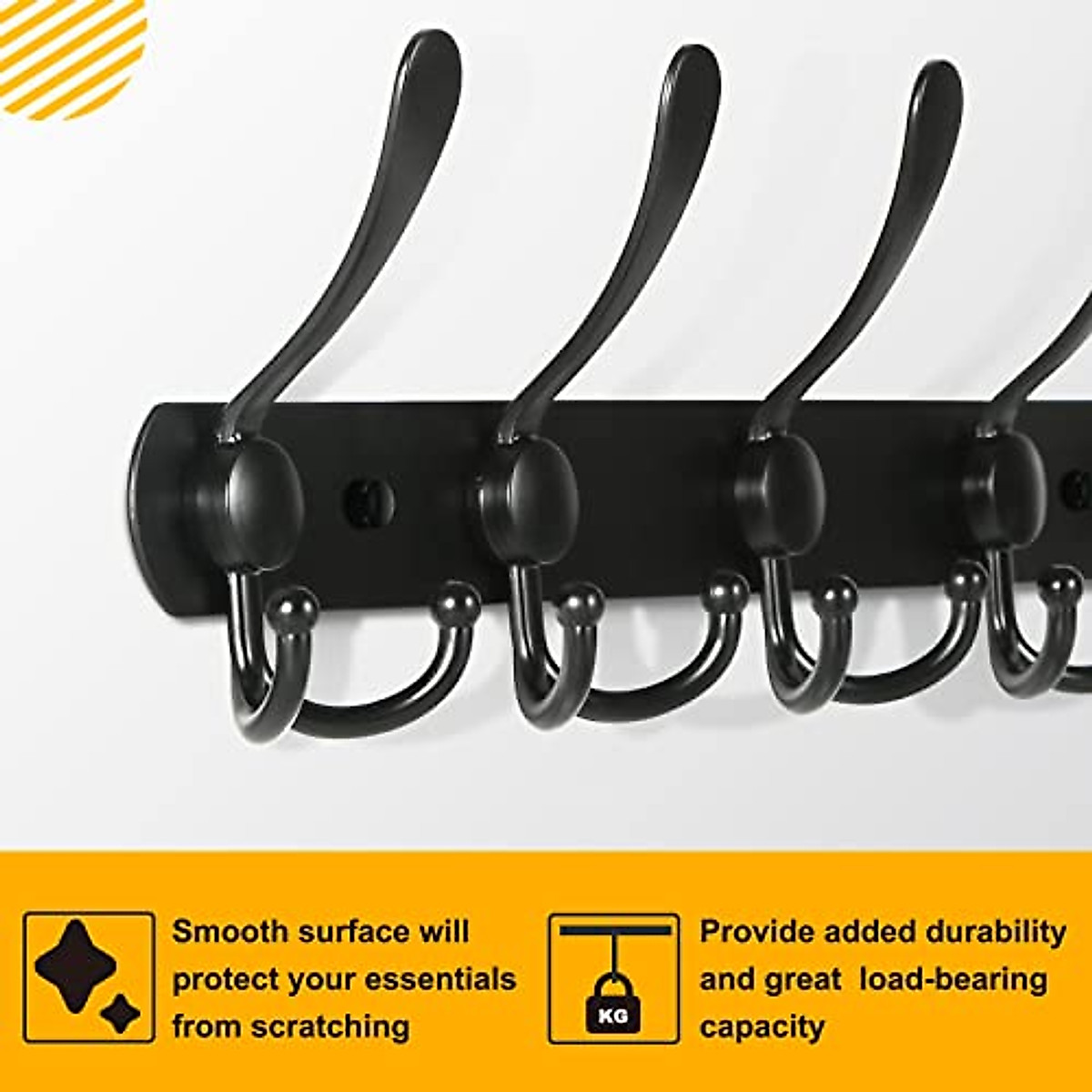 TBMax Coat Rack Wall Mounted - 2 Pack Sturdy Metal Coat Hook Rail with 5 Tri Hooks for Coat Hat Towel Purse Robes Mudroom Bathroom Entryway -Black