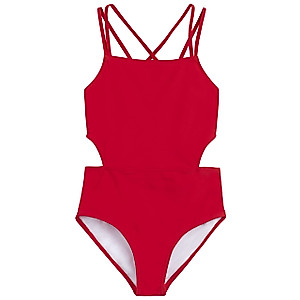 Kanu Surf Girls' Beach Sport Cut-Out One Piece Swimsuit, Solid Red, 12