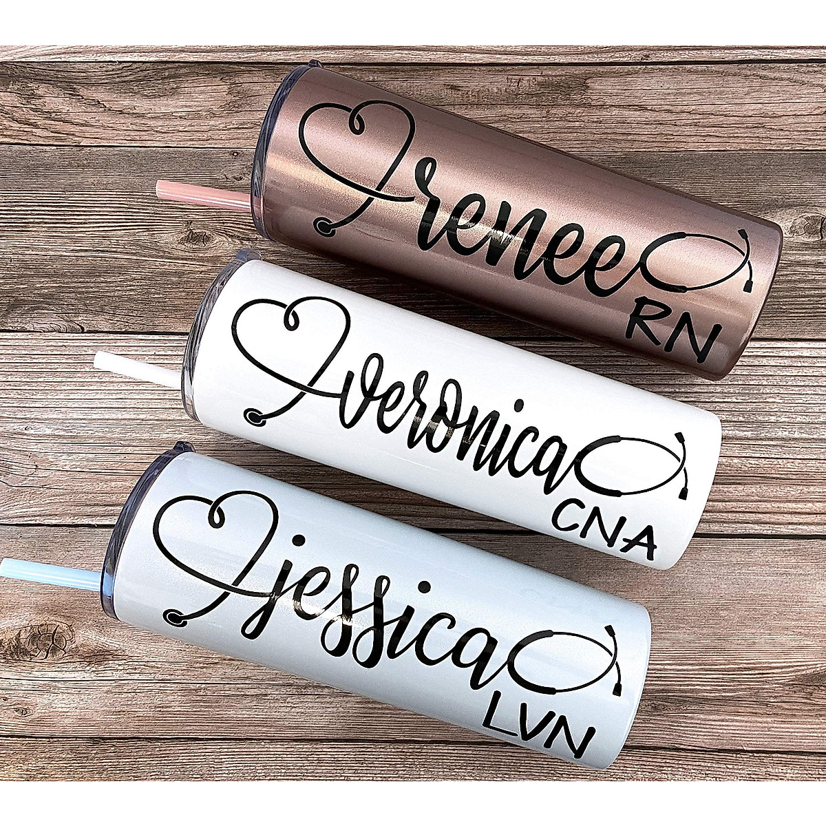 20 oz Personalized Nurse's Stainless Steel Skinny Tumbler with Custom Stethoscope Name by Avito - Includes Straw and Lid - Nurse RN - Nurse Gift