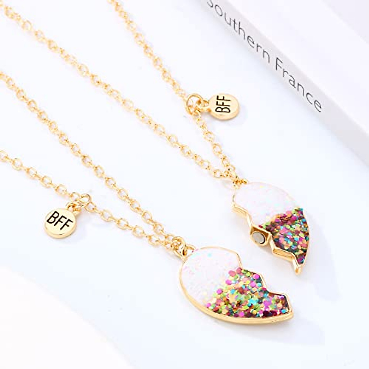 HUASAI Bff Necklace for 2 Girls Matching Friendship Necklace Half Heart Pendant Flamingo Necklace Best Friends Necklaces for Sister Birthday Gifts (D: white heart necklace)