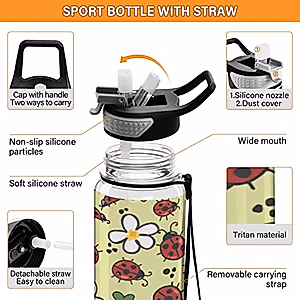 Fustylead Ladybugs and Flowers 32oz Water Bottle with Straw, Leakproof Clear Sport Water Bottles for Gym Camping Hiking Travel