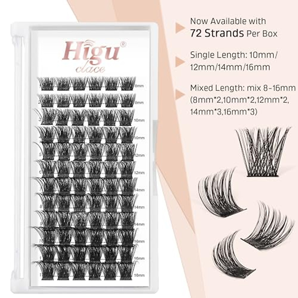 Lash Clusters DIY Eyelash Extensions 72 Pcs D Curl 16mm Cluster Eyelash Extensions Thin Stem Cluster Lashes Individual Lashes Cluster Lashes Wisps Reusable for Self-application (H-02 D Curl 16mm)
