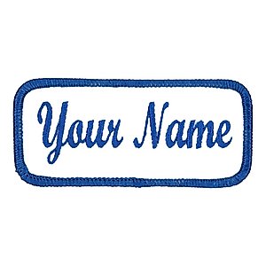 Name Patch Uniform Work Shirt Personalized Embroidered White with Blue Border. Sew on.
