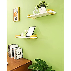 Firsttry Floating Shelves ,Gold Metal Brackets White Rustic Wood Wall Storage Shelf , Photo Display Ledges,for Bathroom, Living Room, Bedroom, Kitchen, Office, Bookshelf。