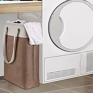 i BKGOO Laundry Basket with Handles Beige&Brown Slim Laundry Bin Collapsible Dirty Clothes Basket Narrow Laundry Bag Foldable Dirty Hamper for Camping, Dorms, Apartments