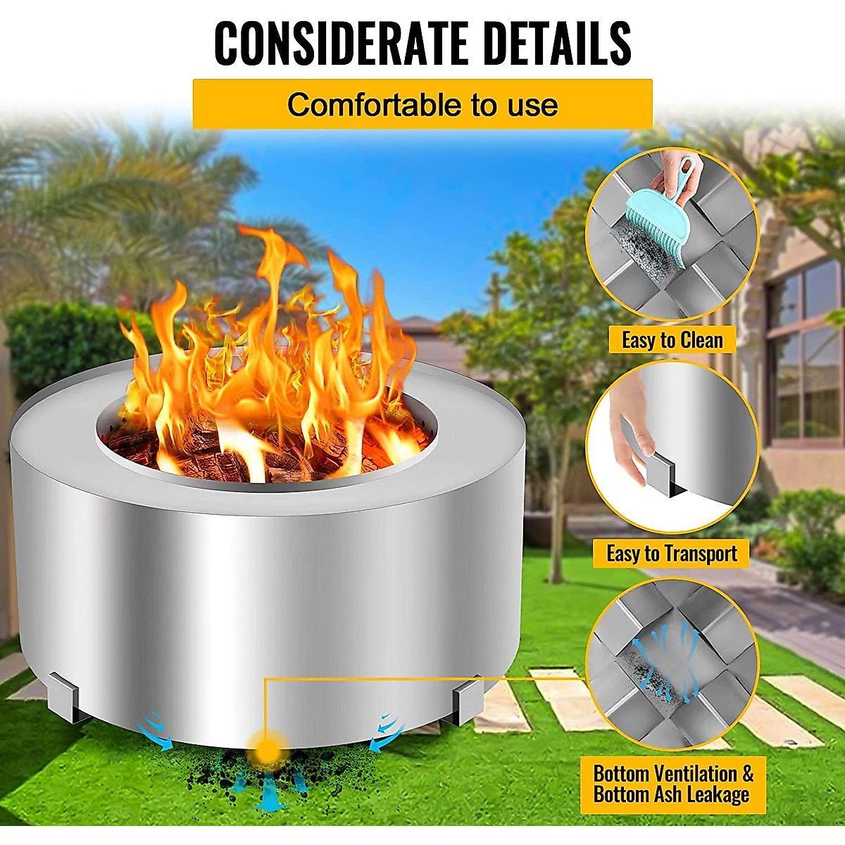 Smokeless Fire Pits Large Wood Burning Fire Pit Carbon Steel Stove Bonfire Fire Pit Portable Outdoor Fire Bowl for Picnic Camping Backyard (28.5 Inch)